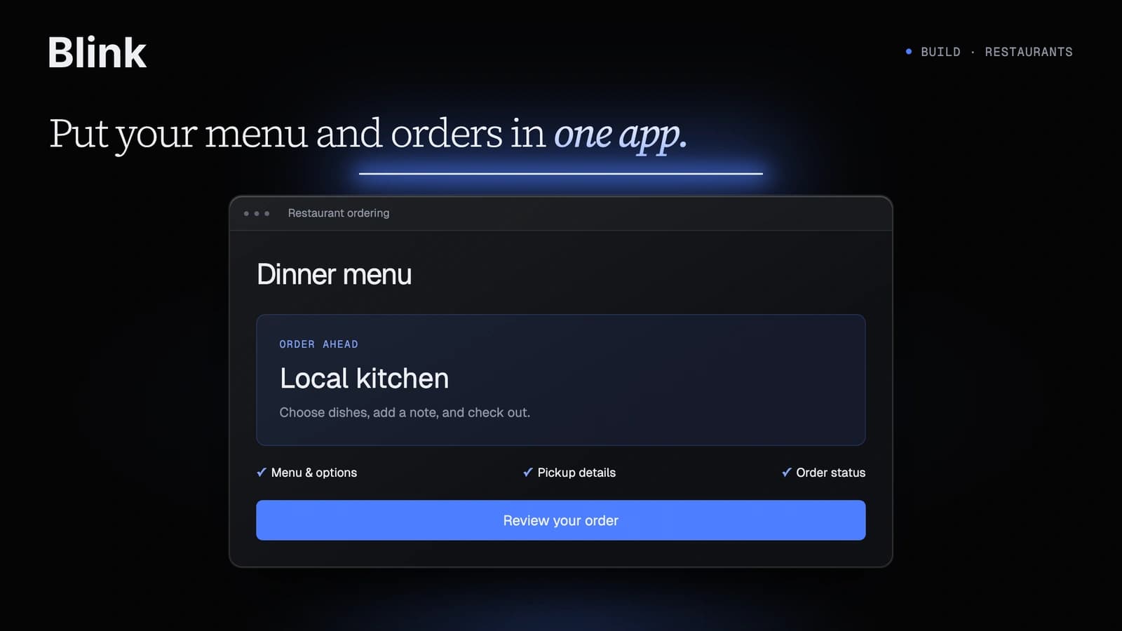 A restaurant ordering app mockup shows a dinner menu, pickup details, and order status.