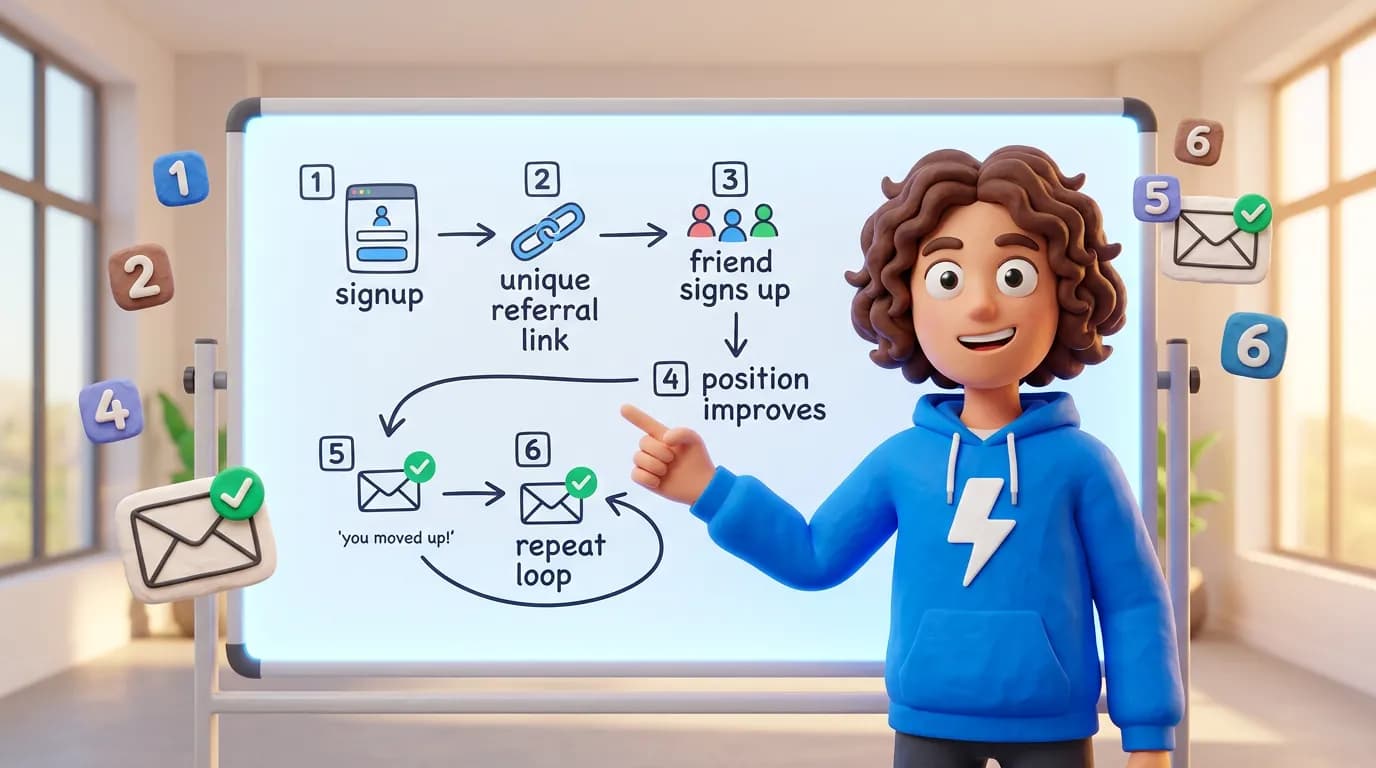 The referral loop that made Robinhood's waitlist go viral — each signup triggers a position update that prompts the next share