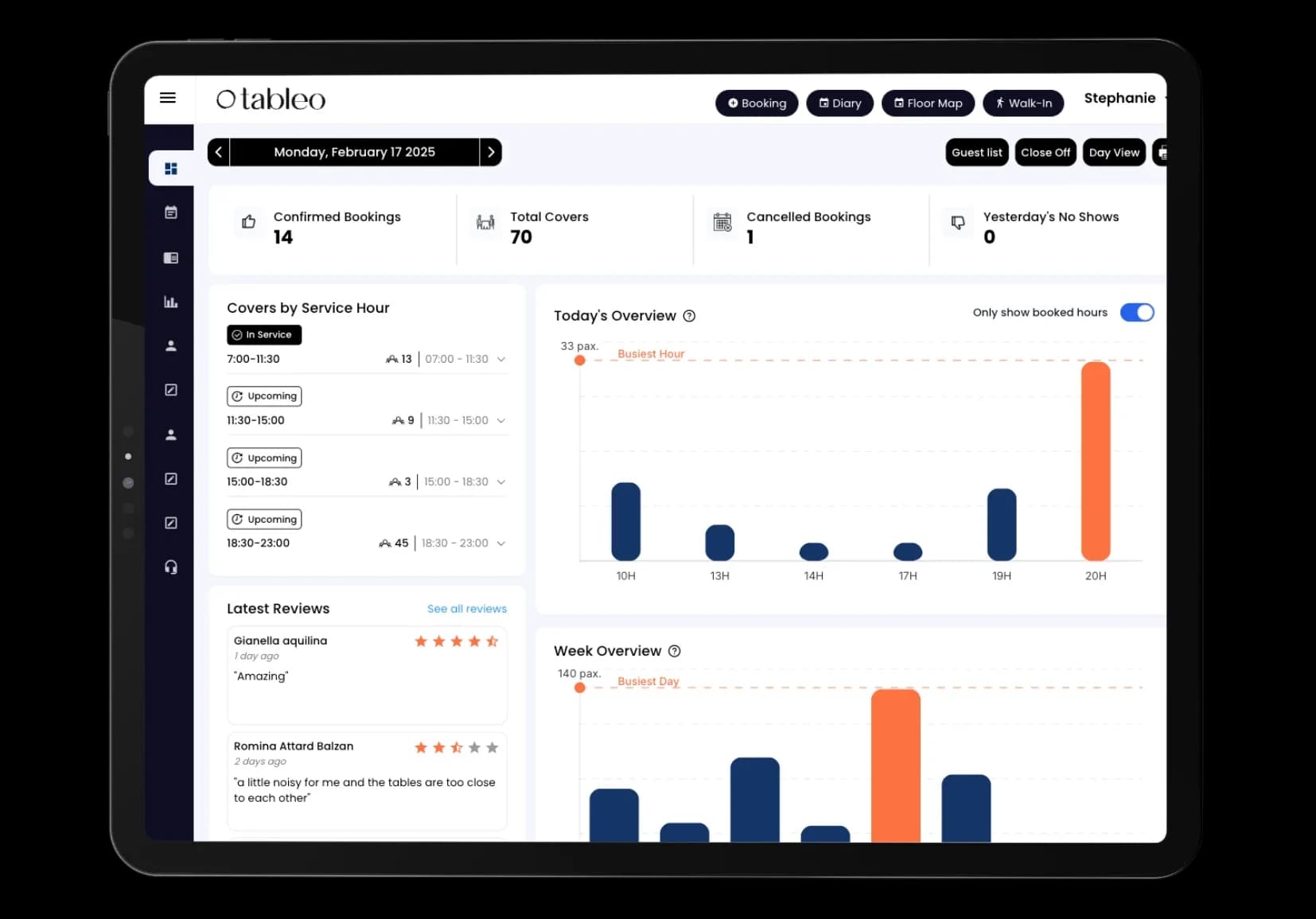 A restaurant admin panel showing table assignments, booking times, and daily service view with table status colors