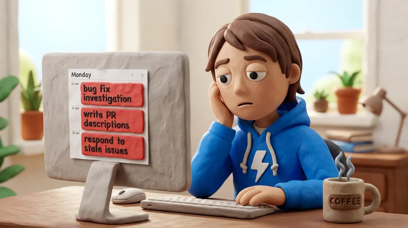 Monday morning developer backlog — 3 hours of maintenance tasks before any real engineering begins