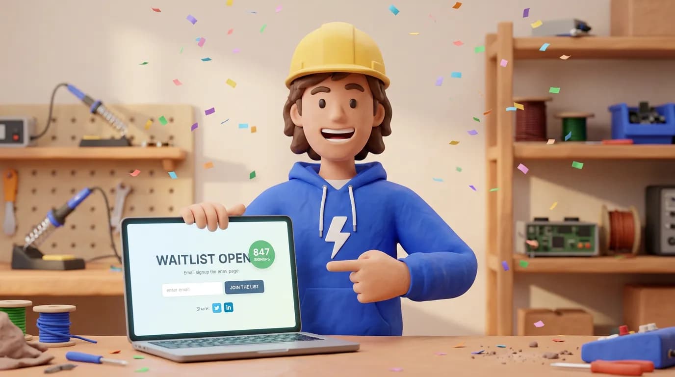 A finished waitlist landing page built with Blink — email form, live signup counter, and share buttons
