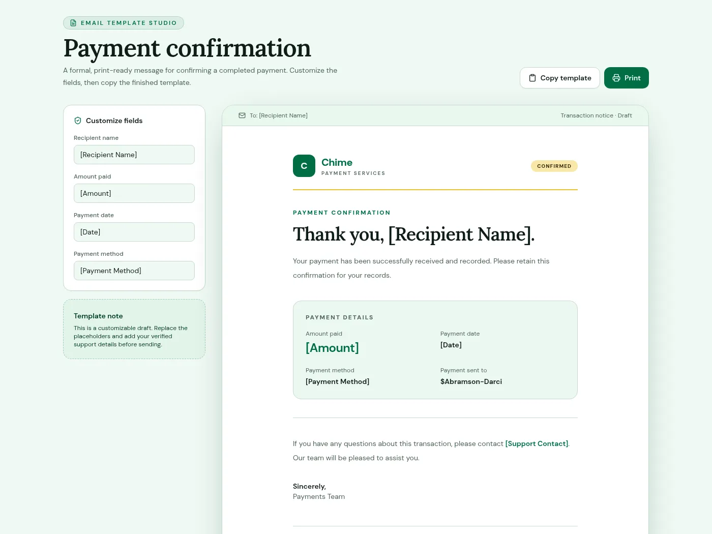 Chime Pay Notification Template