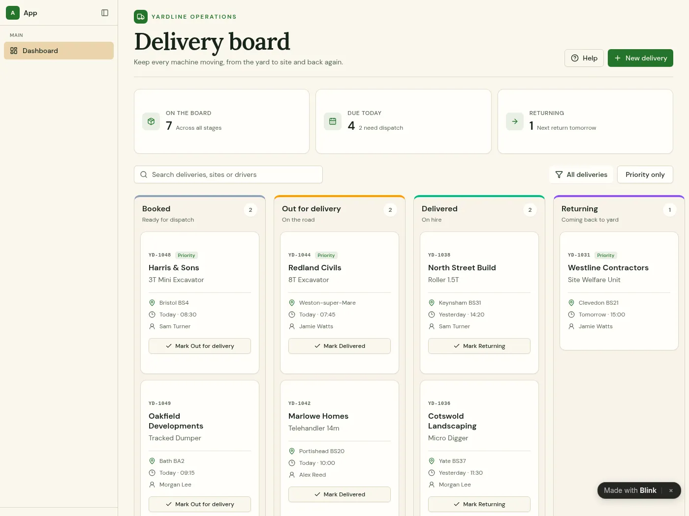 Plant Hire Delivery Board