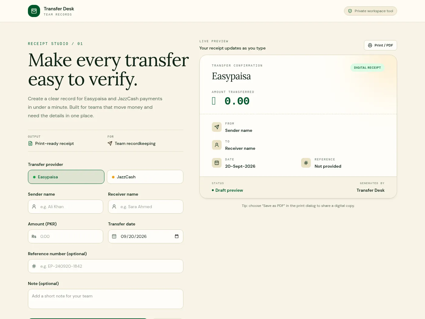 Transfer Receipt Maker