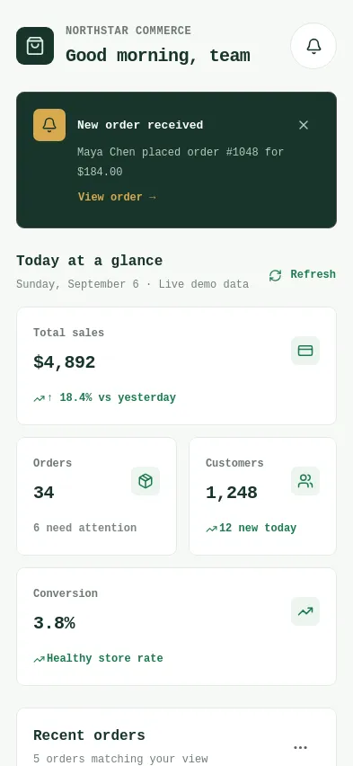Shopify Mobile Dashboard Sim
