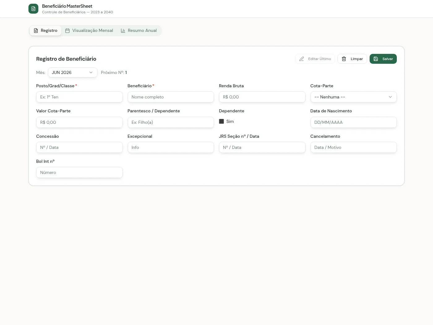 Beneficiário MasterSheet
