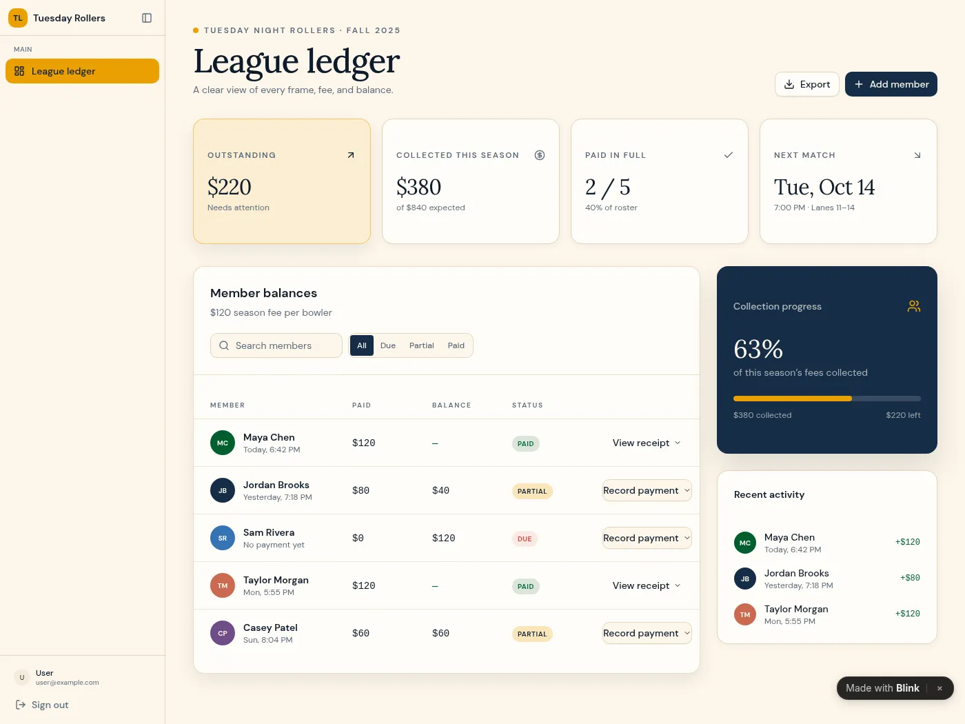 Bowling League Fee Tracker