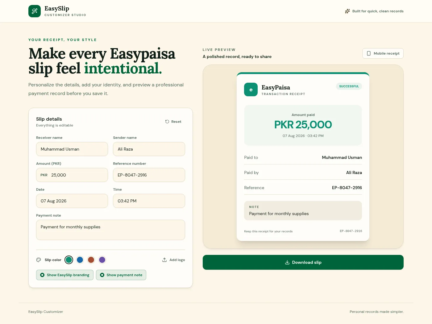 EasySlip Customizer