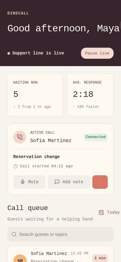 DineCall Support App