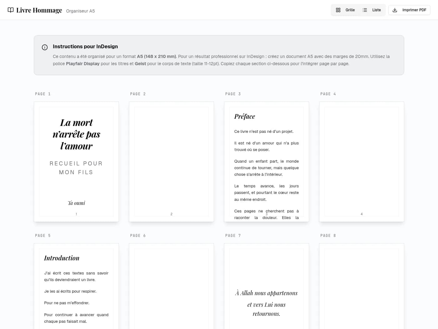 Livre Hommage, Organisation A5