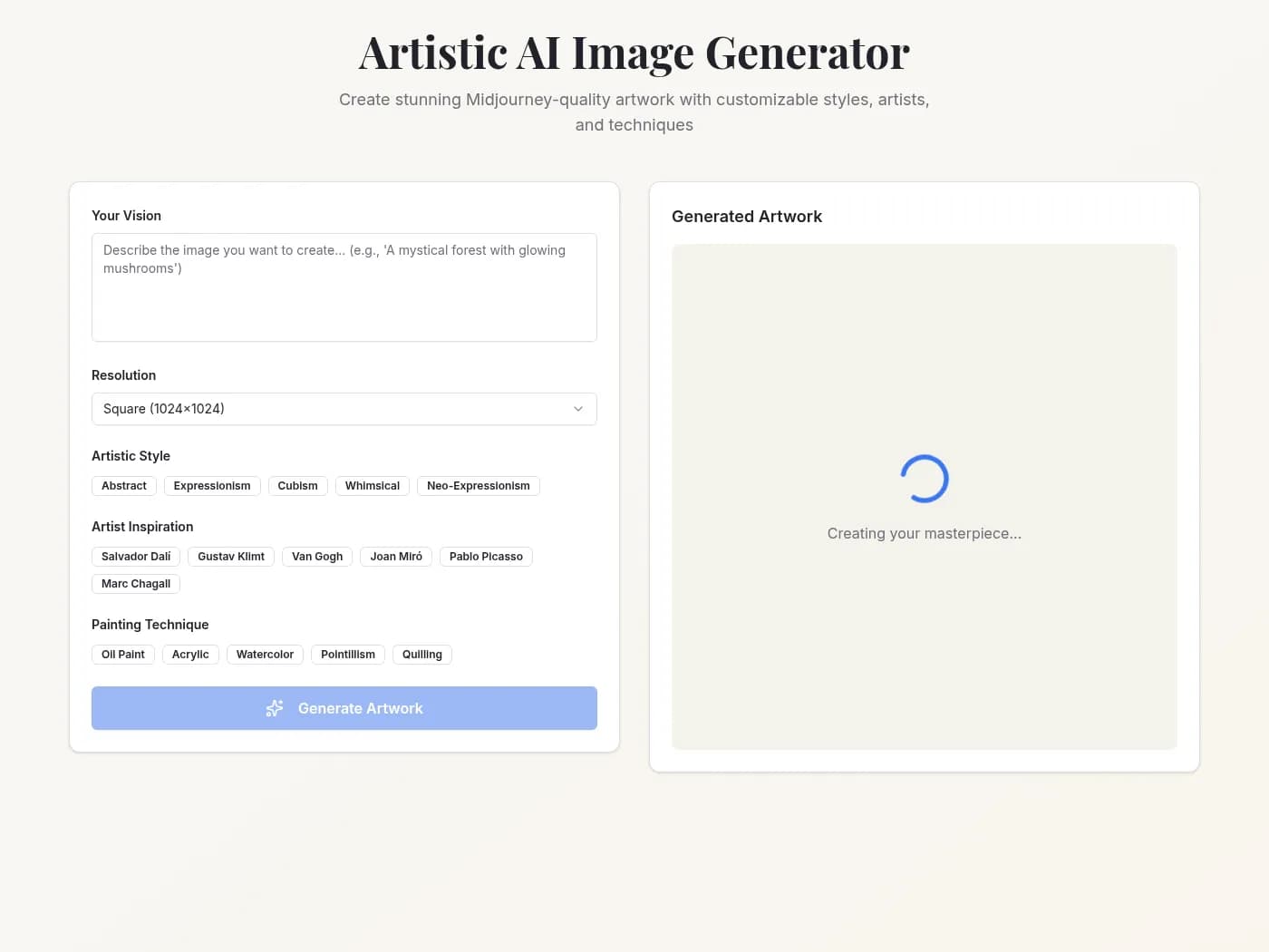 Artistic AI Image Generator with Style and Resolution Customization