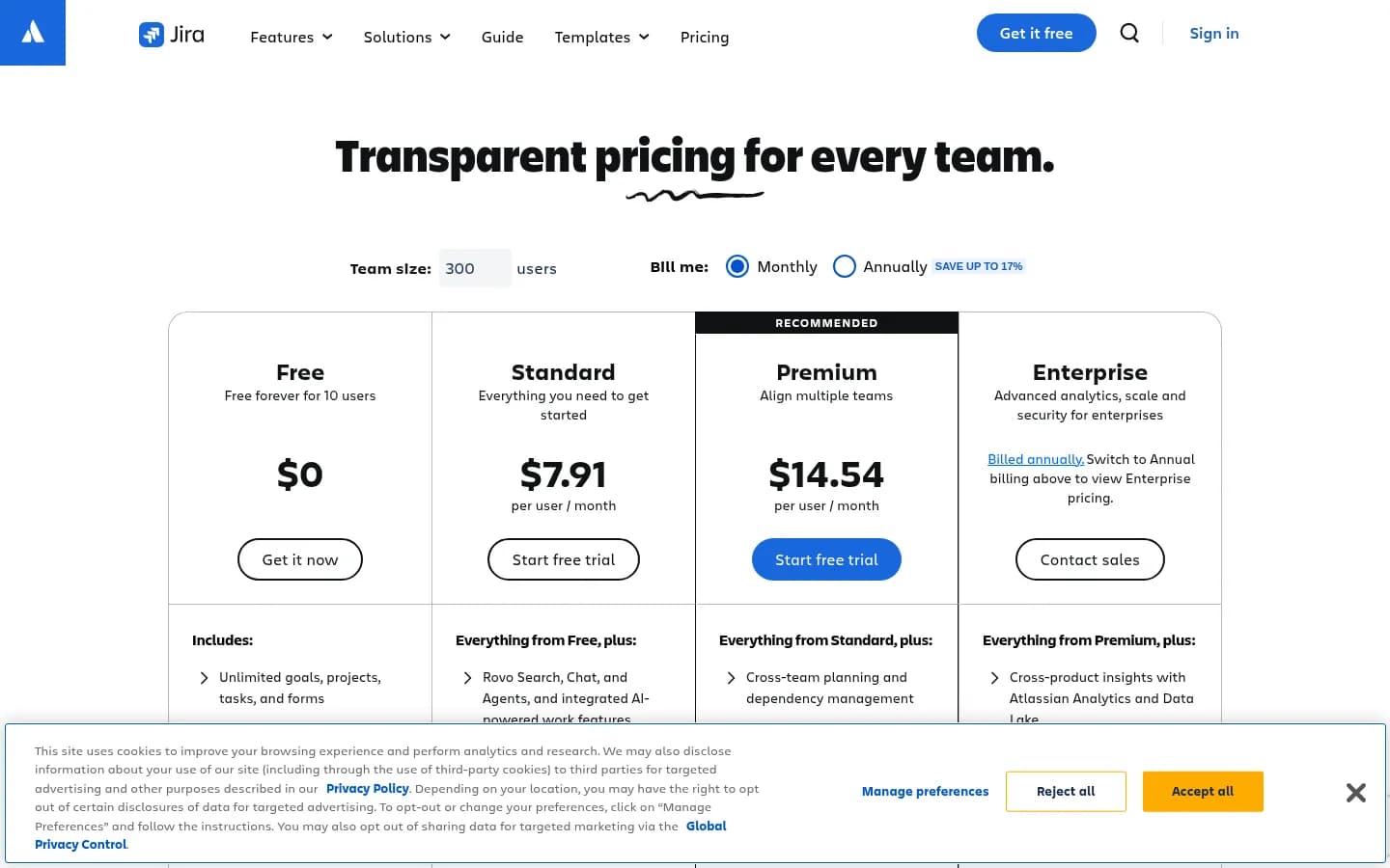 Jira pricing page — $8.15/user/month Standard plan