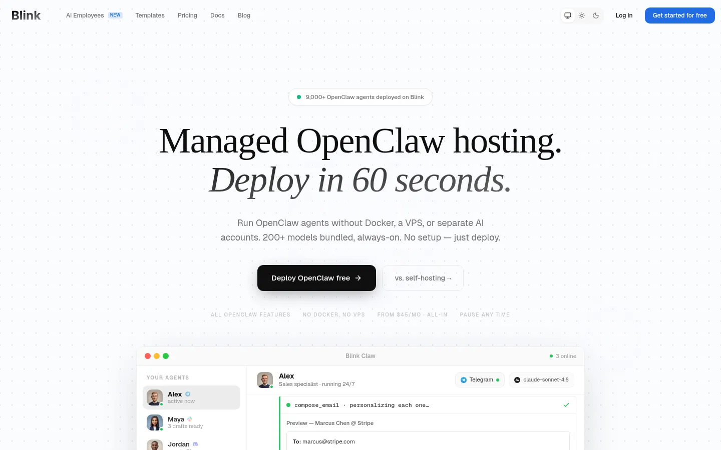 Blink Claw landing page — managed OpenClaw hosting from $22/mo with 200+ models included
