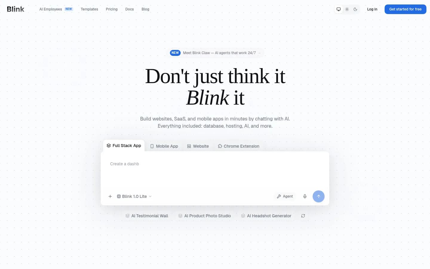 Blink landing page — full-stack AI app builder with database, auth, and hosting included from day one