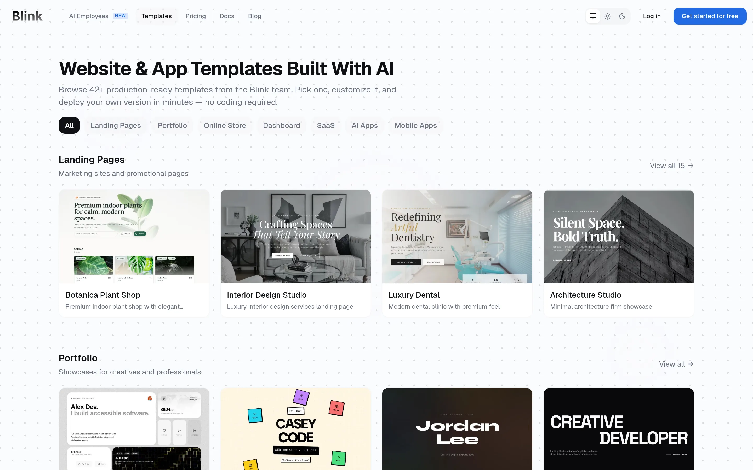 Blink's template gallery: 42+ production builds including a plant boutique, a luxury dental clinic and an architecture studio — starting points, not the only path