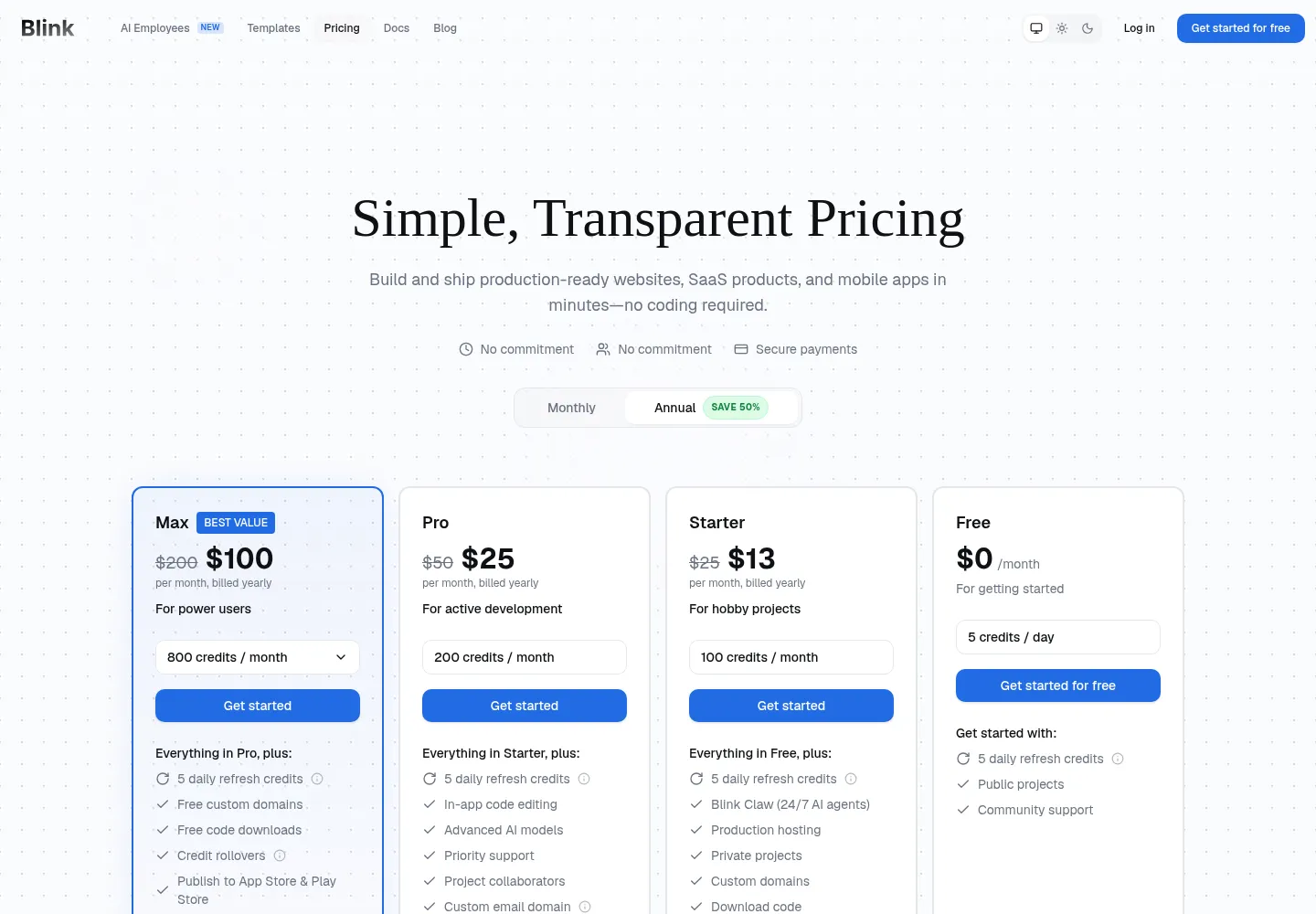 Blink's pricing with the annual toggle on — $13/mo Starter, $25/mo Pro, $100/mo Max against the struck-through $25, $50 and $200 monthly prices quoted here — and no row for a cut of your sales