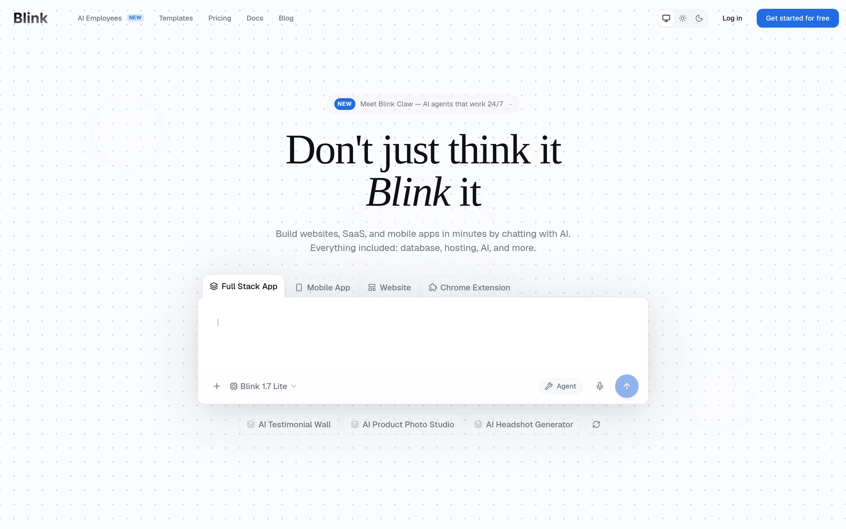 Blink's landing page: the entire interface is one prompt box and a choice of build target — website, full-stack app, mobile app or Chrome extension