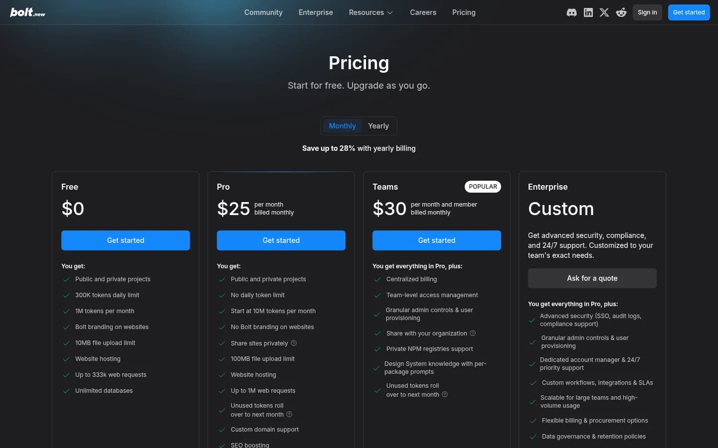 Bolt.new pricing page — Free, Pro ($25/mo), and Teams ($30/seat/mo) plans