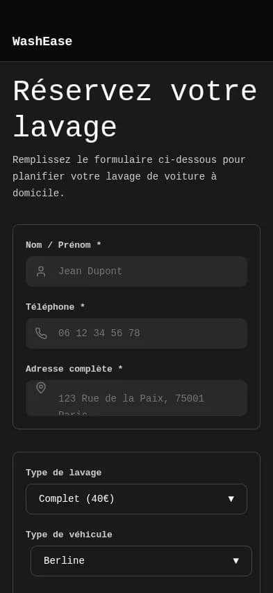WashEase Booking Form