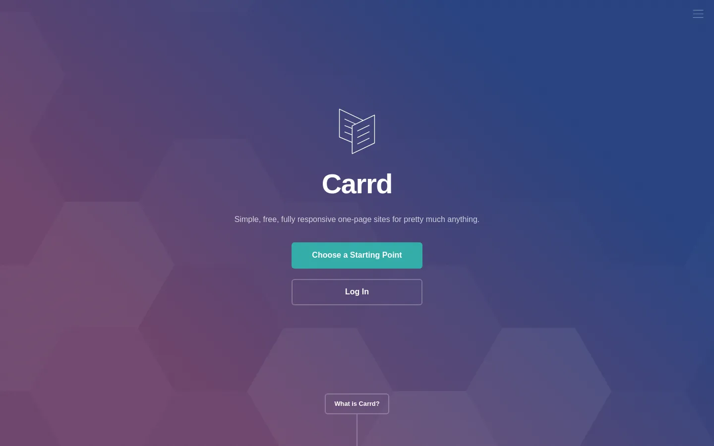 Carrd's homepage is as spare as the product: one line of copy, two buttons, and one-page sites for "pretty much anything" — the whole proposition, at $19 a year