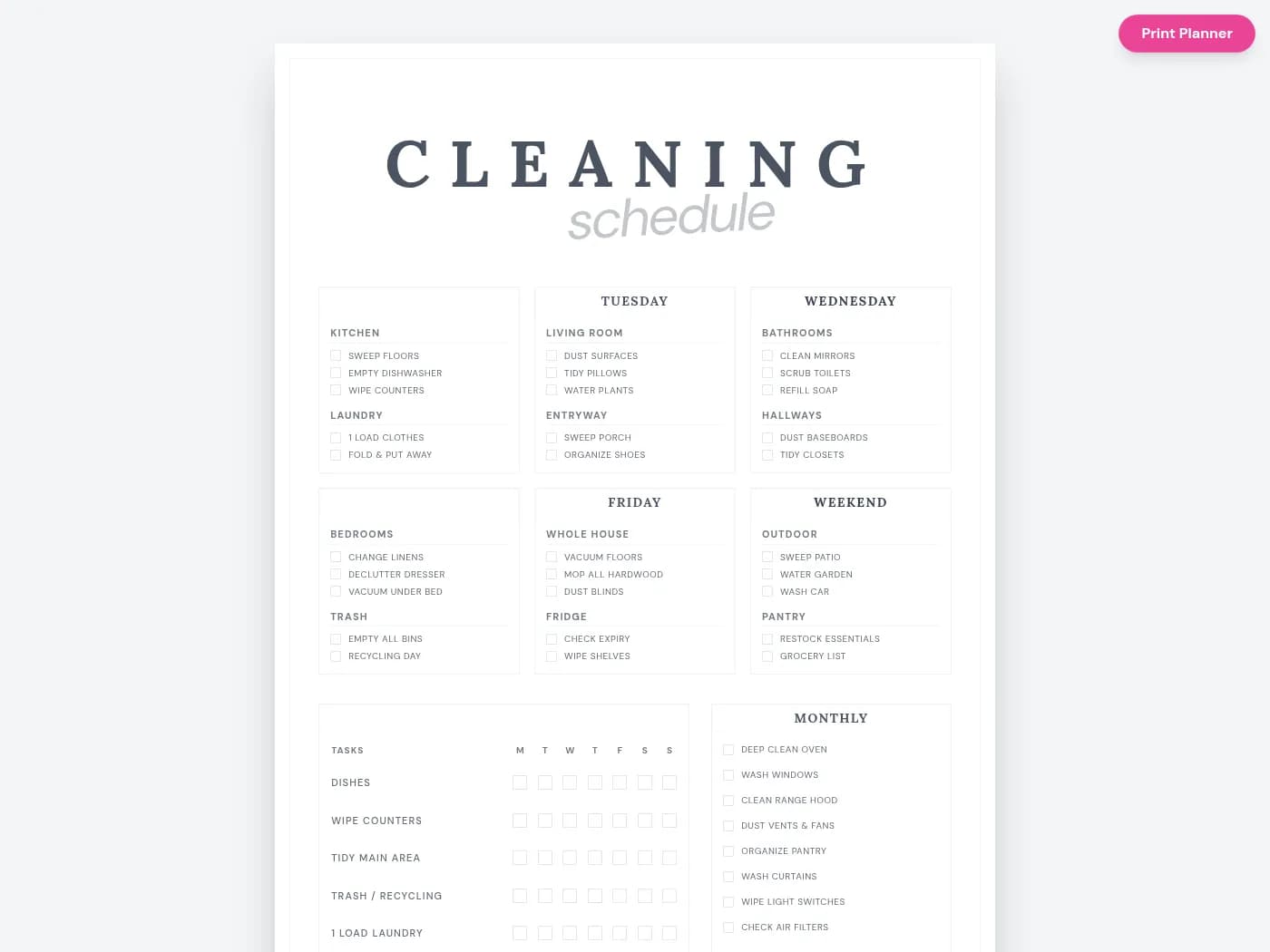 Minimalist Cleaning Planner