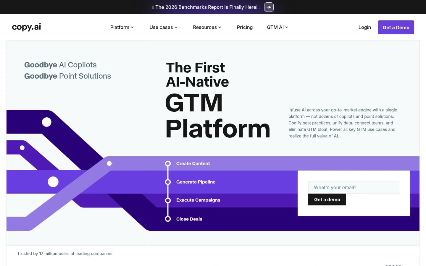 Copy.ai landing page — AI copywriting platform for marketing and sales content at scale