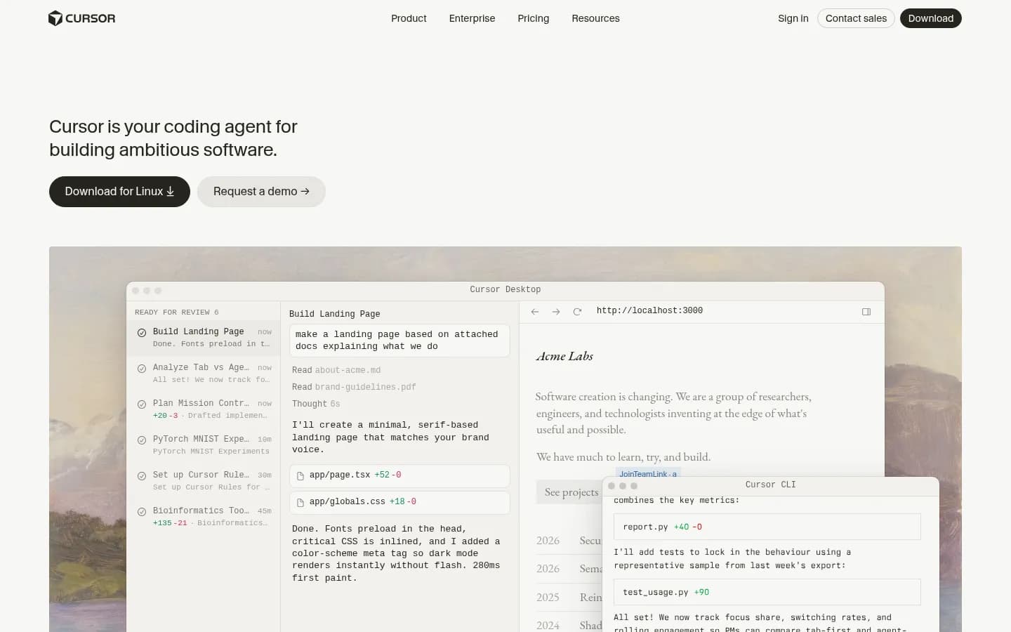 Cursor landing page — AI coding IDE built on VS Code with tab completion and Composer agent mode