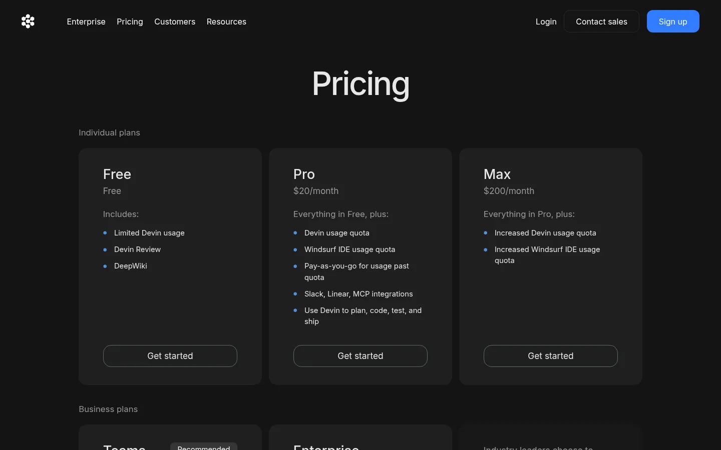 Devin AI pricing page — Pro $20/mo, Max $200/mo, Teams $80/mo