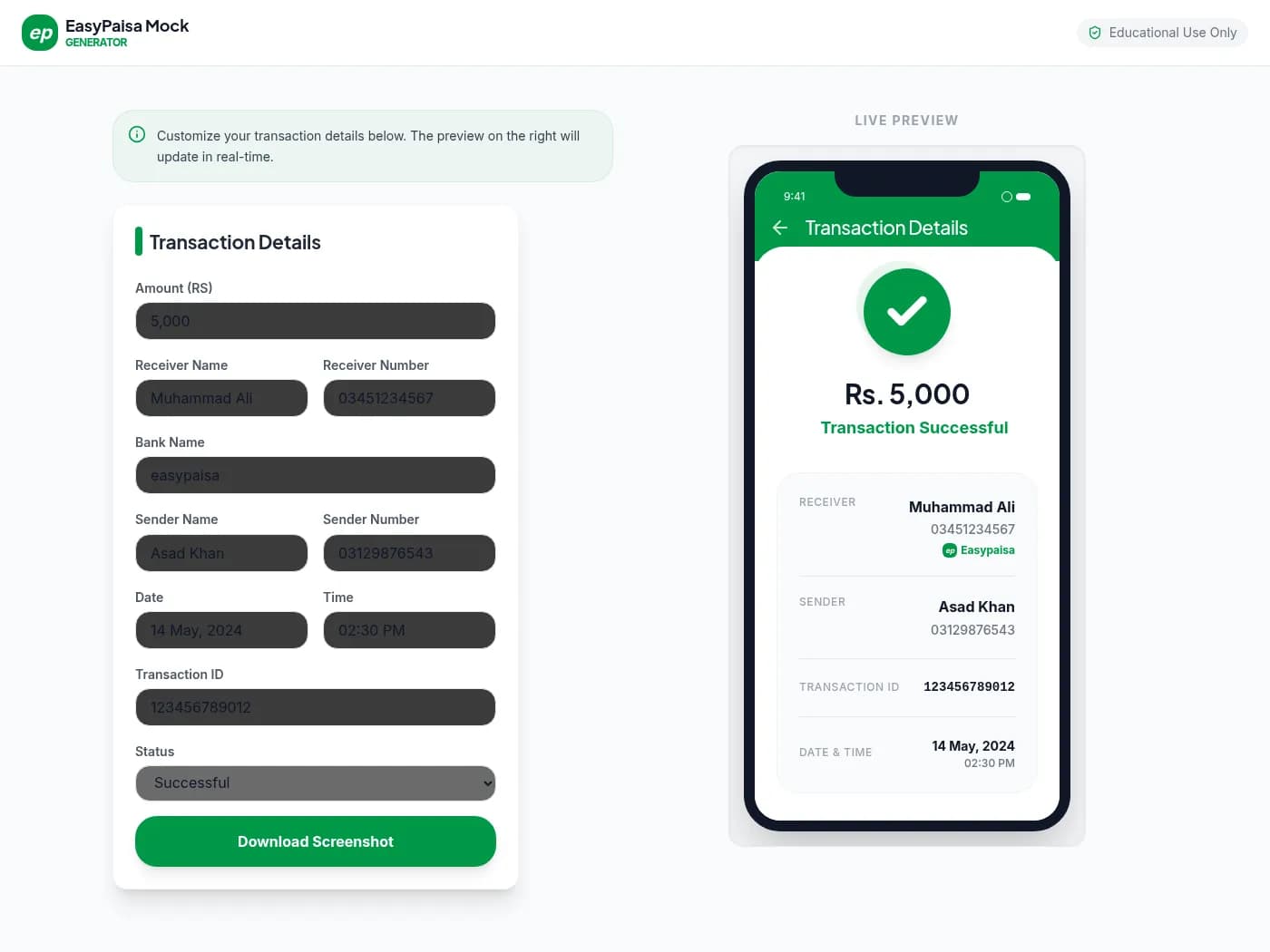 Easy Paisa Mock Generator