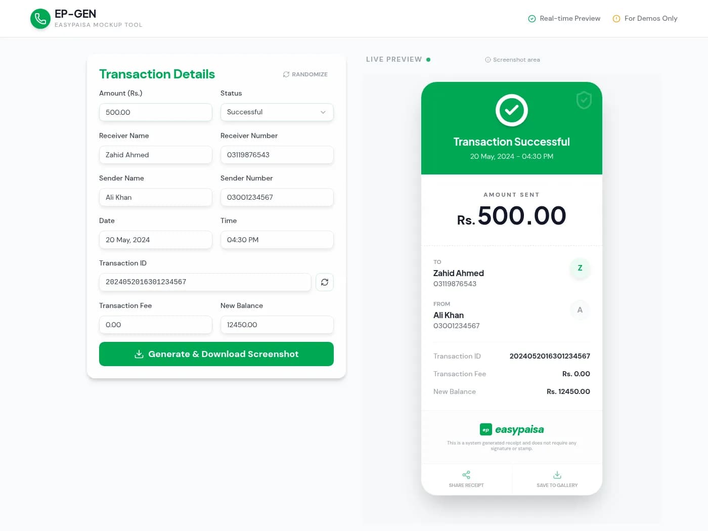Easypaisa Screenshot Generator