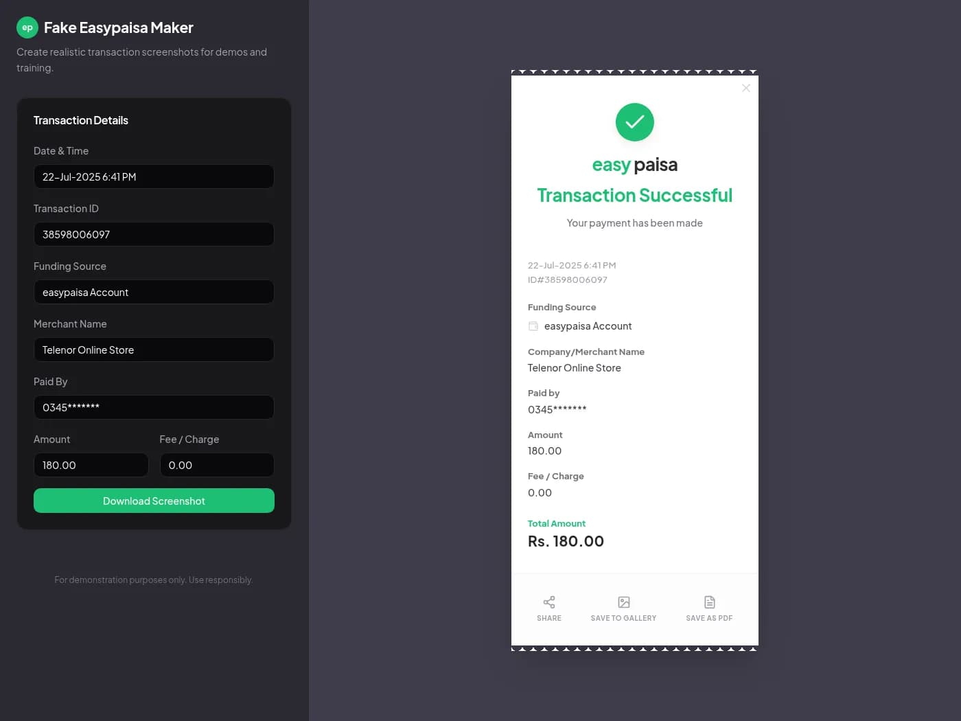 Fake Easypaisa Demo Maker
