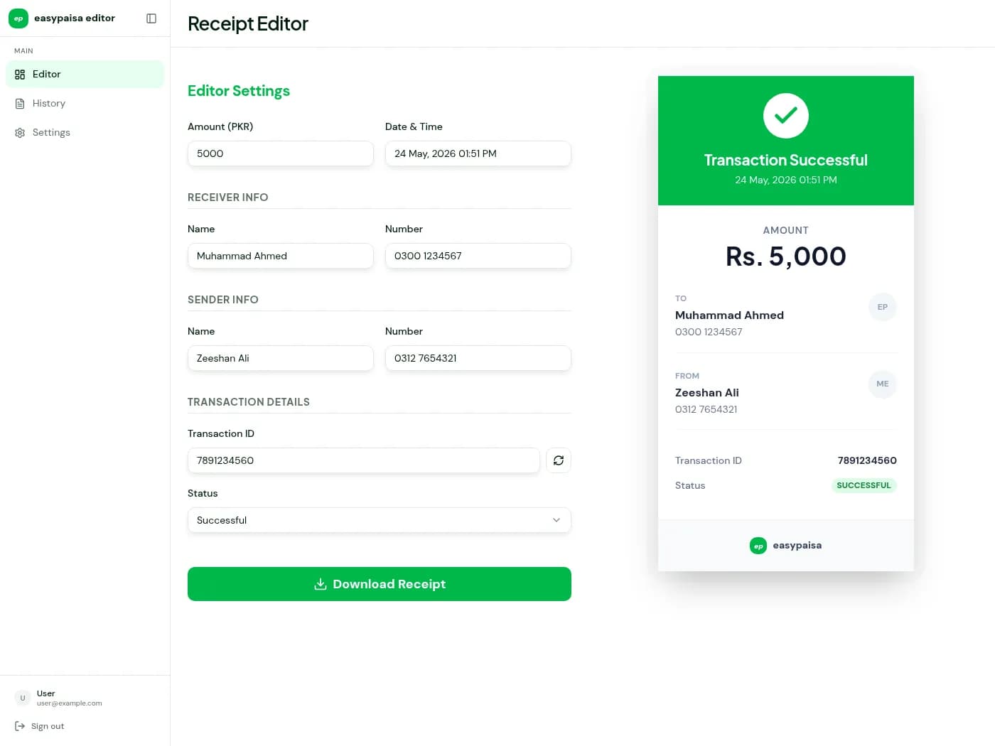 Easypaisa Receipt Editor