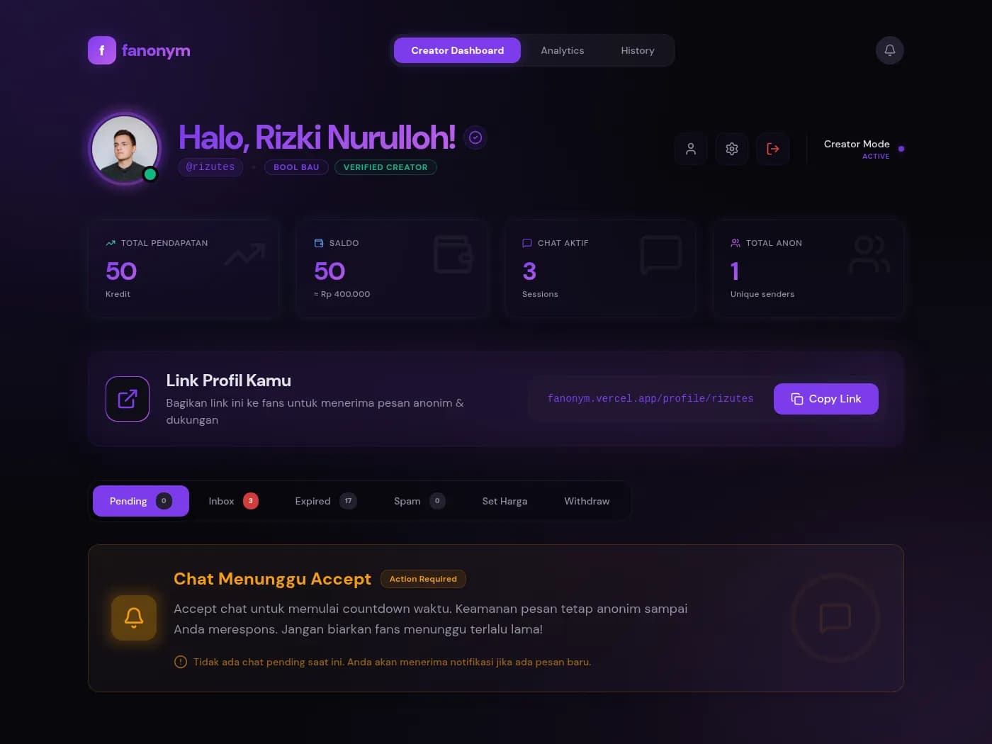 Fanonym Dashboard Redesign
