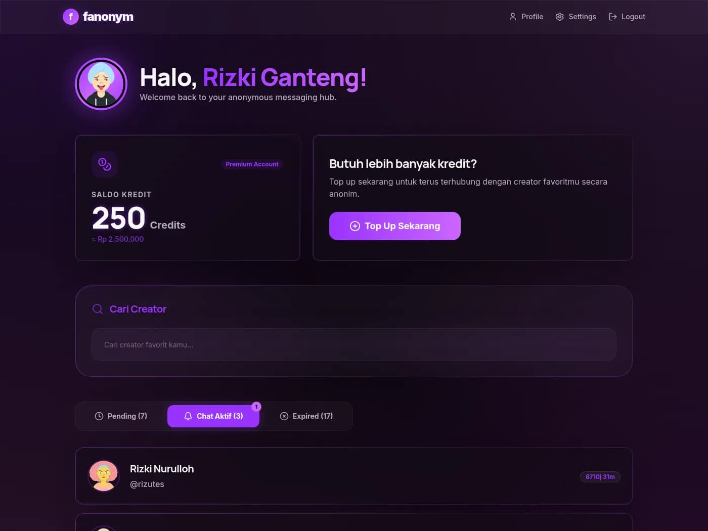 Fanonym Sender Dashboard Redesign