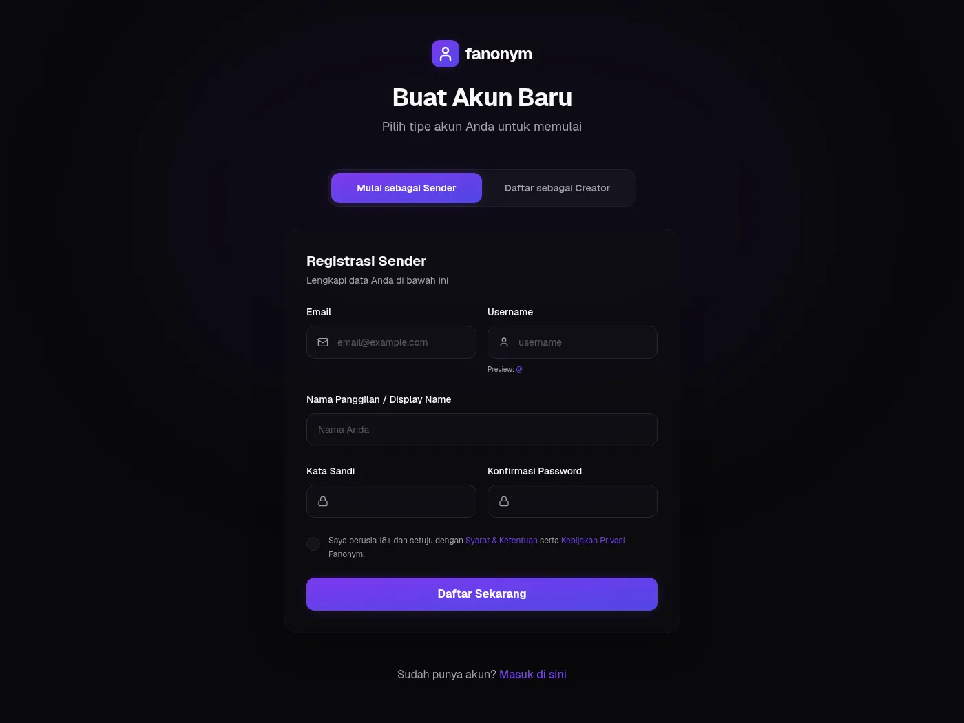 Fanonym Sign-Up Flow