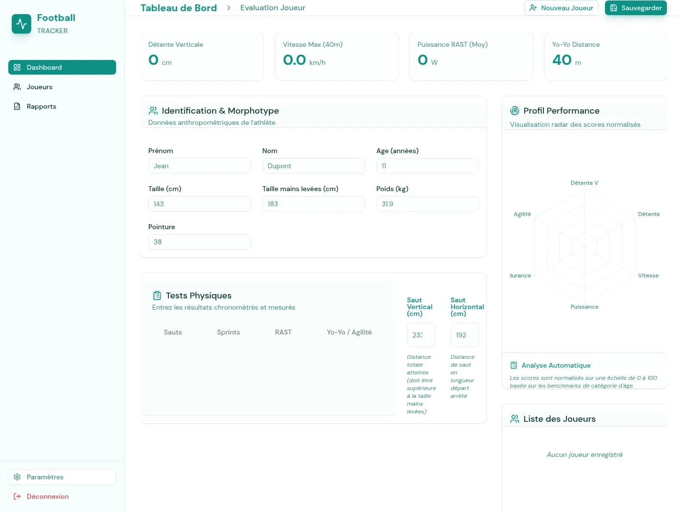 Football Player Test Dashboard