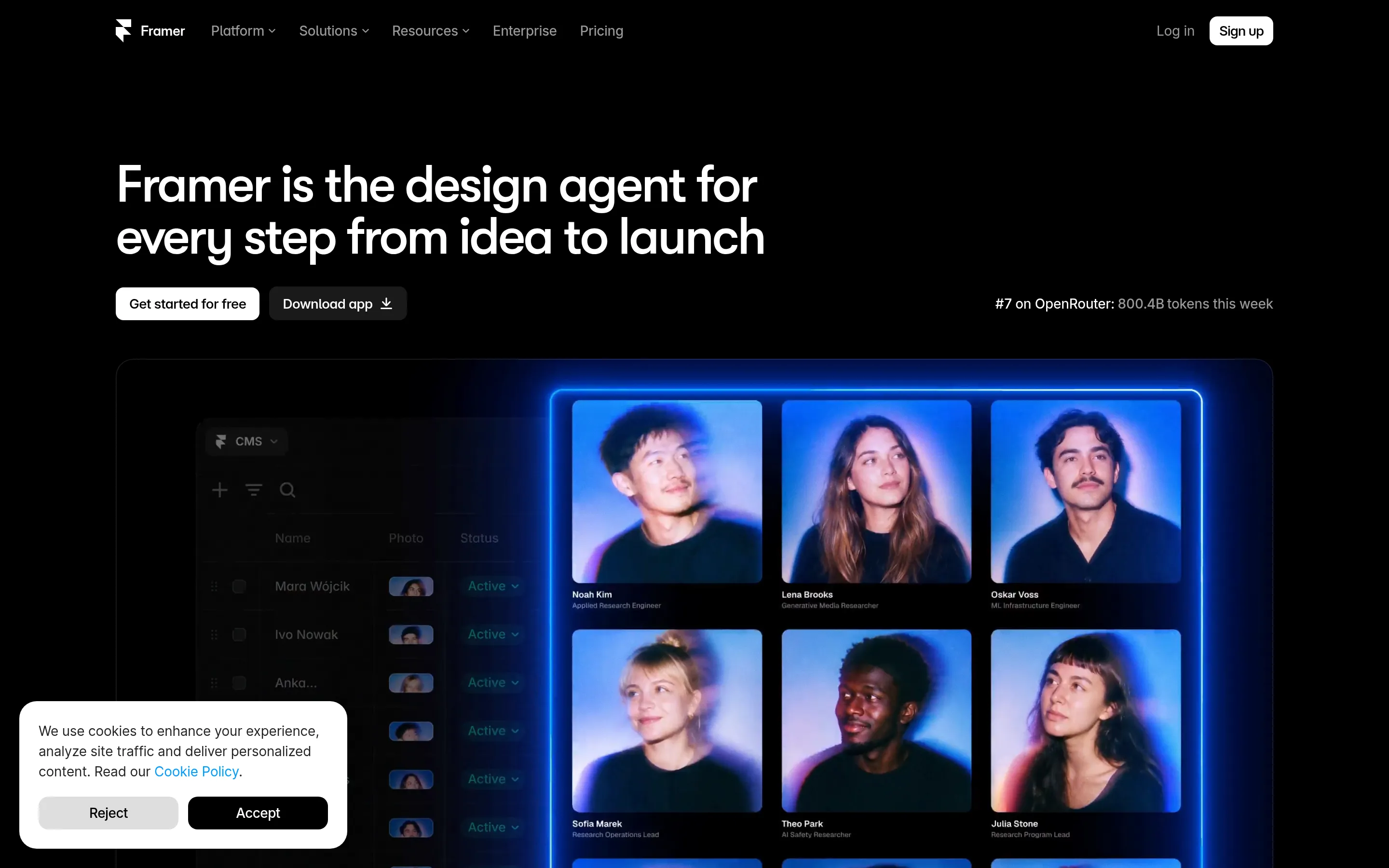 Framer's homepage, pitching design-led site building with AI agents on the canvas