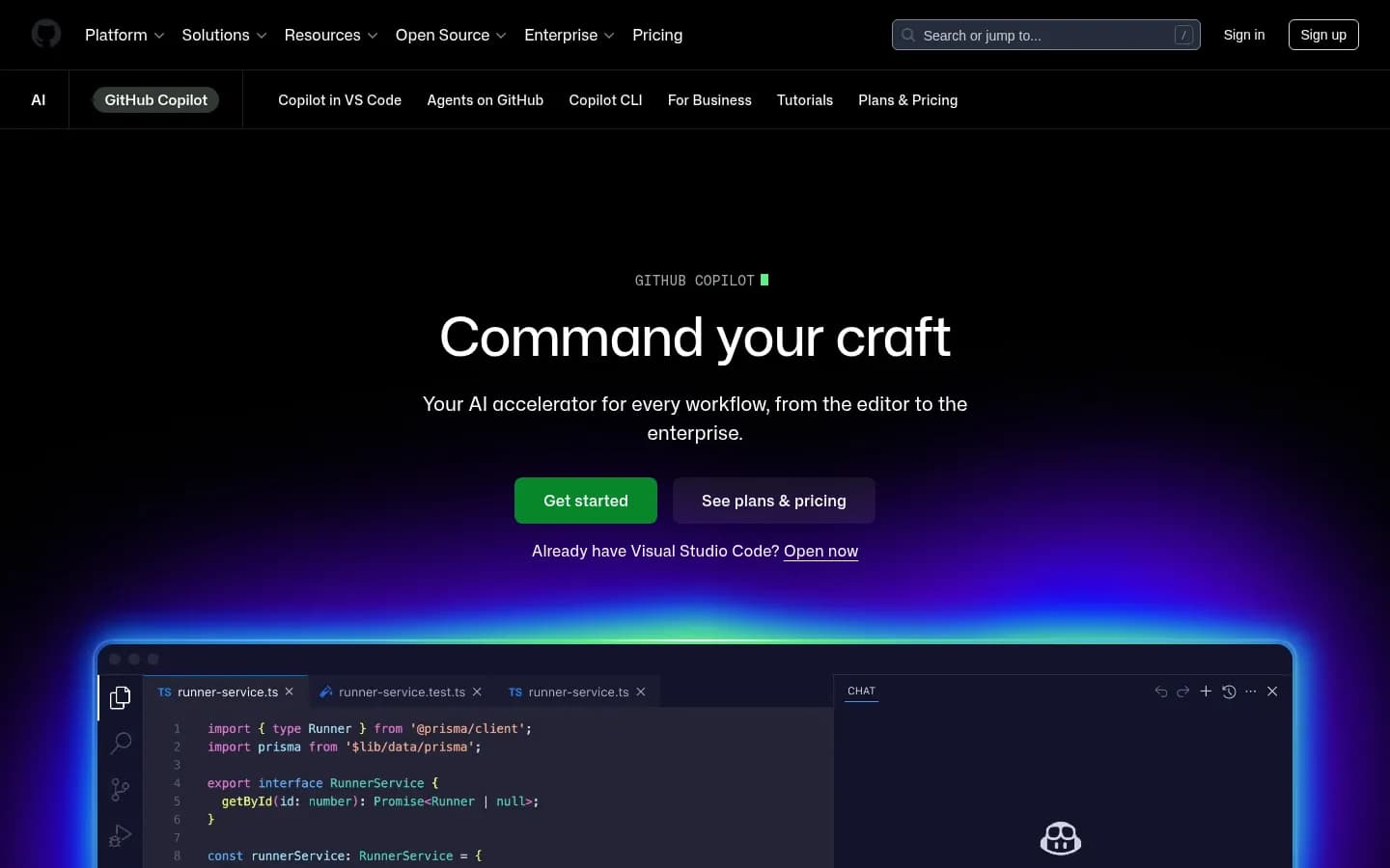 GitHub Copilot landing page — AI coding assistant integrated across all major editors