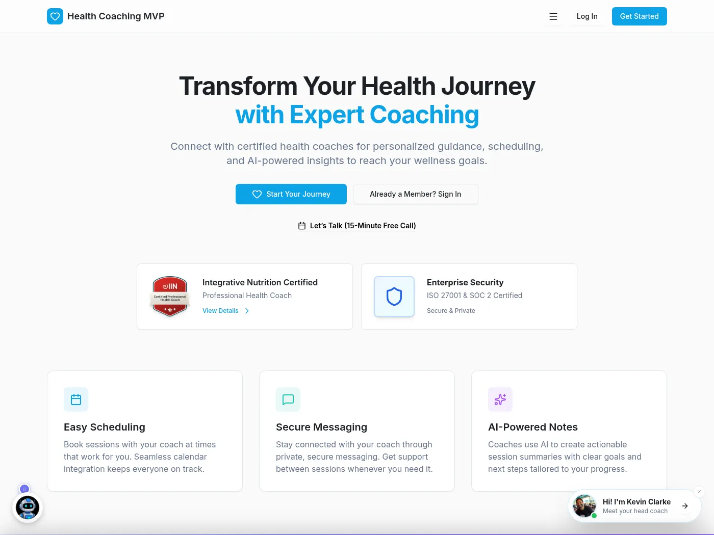 Health Coaching MVP Web App with Secure Auth, Scheduling, Messaging, and AI-Powered Notes (Scalable for Multi-Coach)