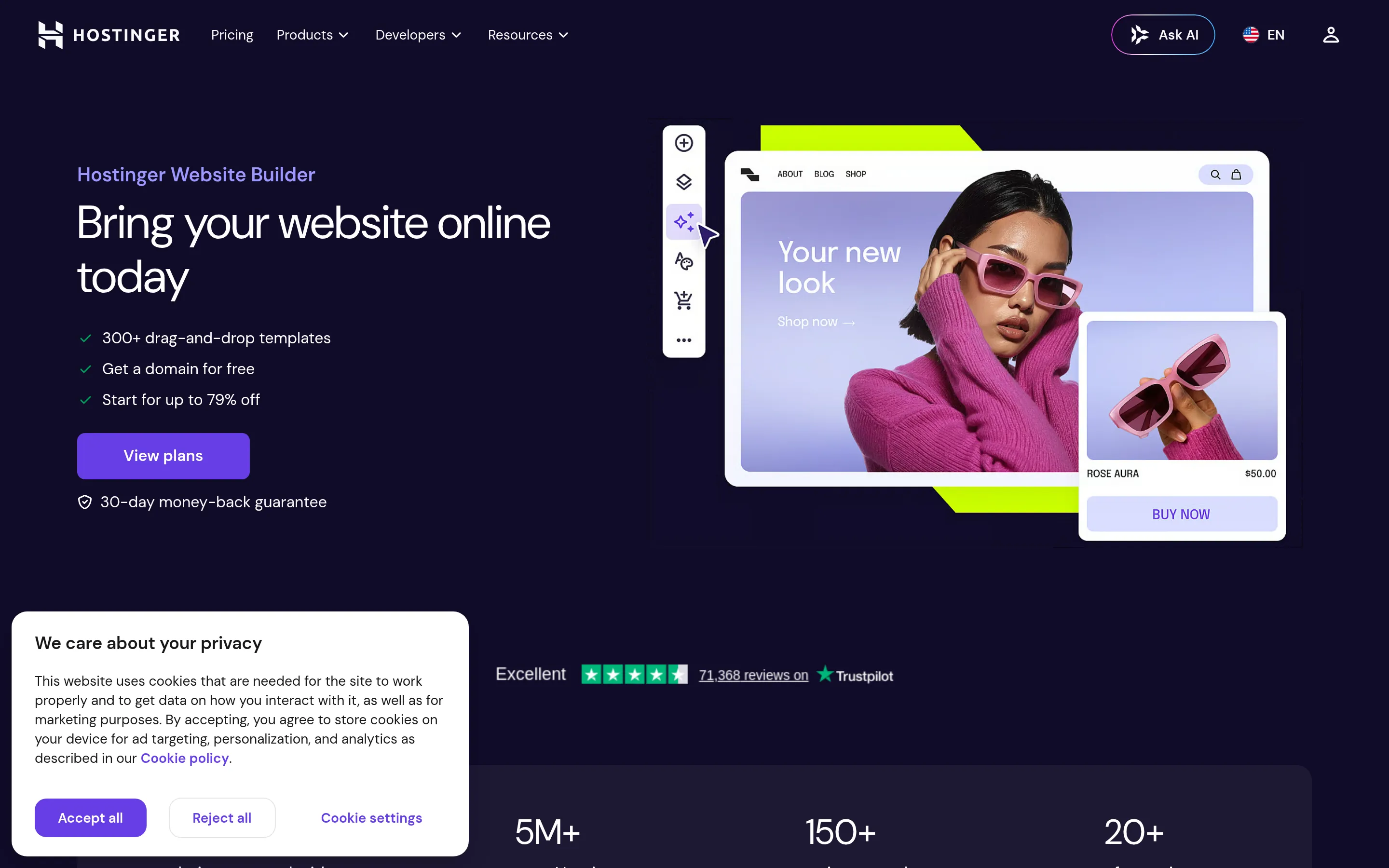 Hostinger's website builder page, leading with a $2.99/mo headline that requires a 48-month upfront commitment