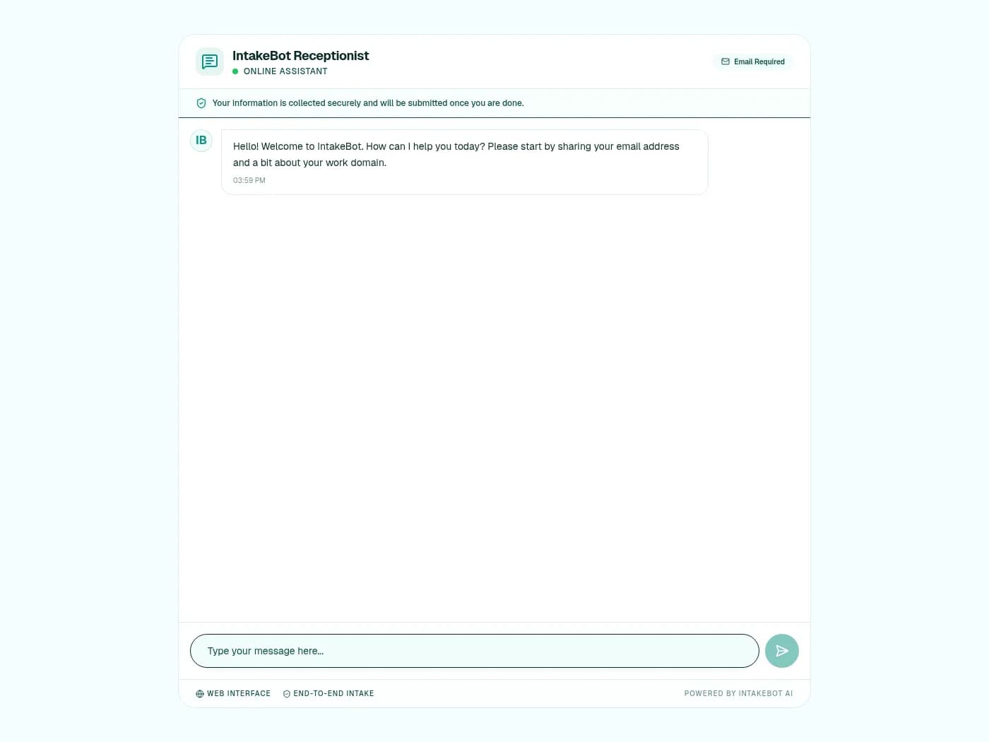 IntakeBot Receptionist Chat