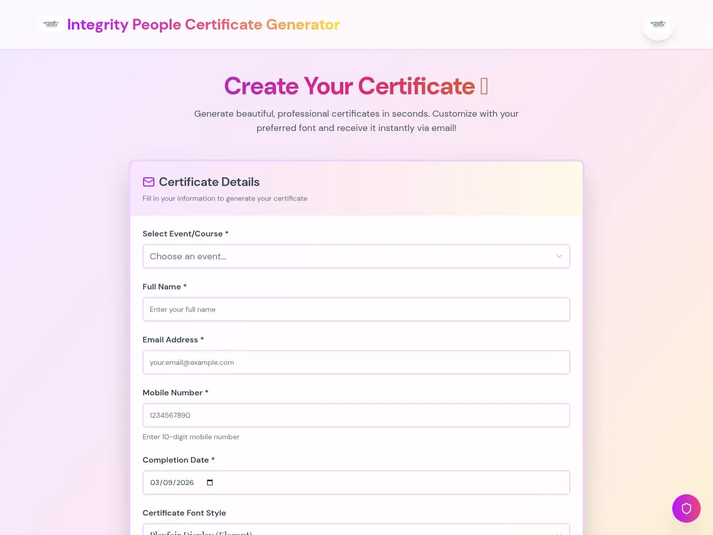 Integrity People Certificate Generator Platform