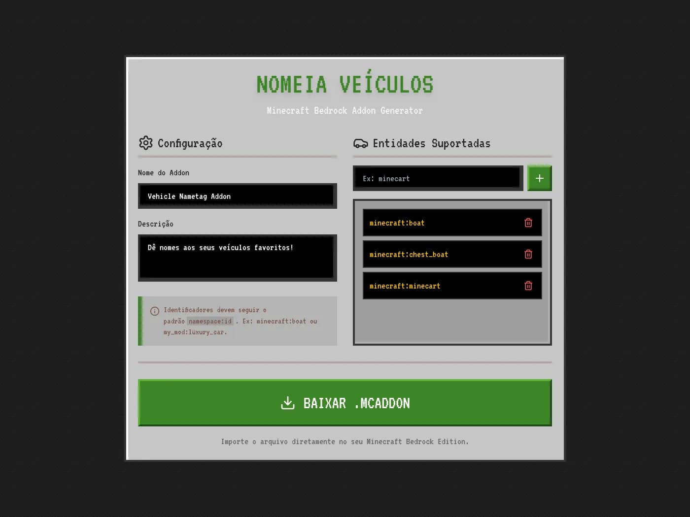 Nomeia Veículos Minecraft