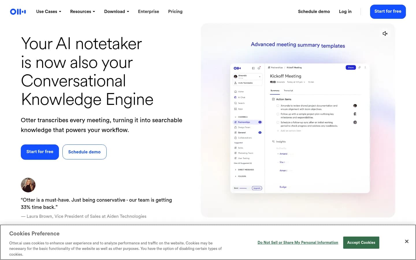 Otter.ai landing page — AI meeting assistant that transcribes and summarizes calls automatically