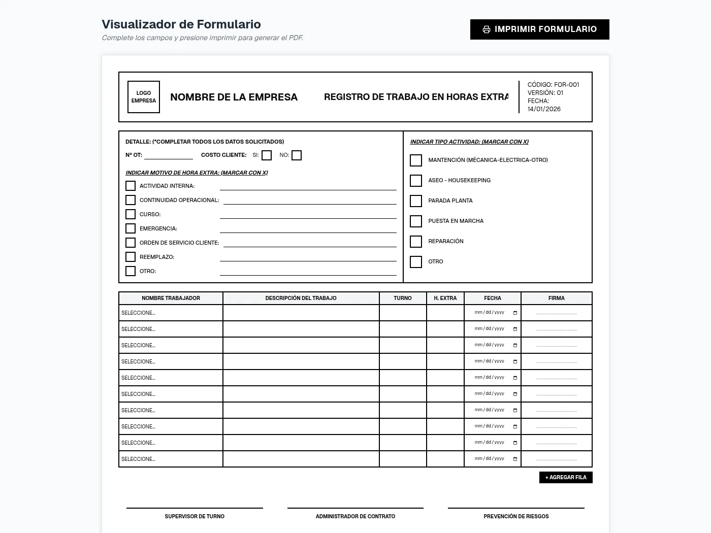 Overtime Form Template