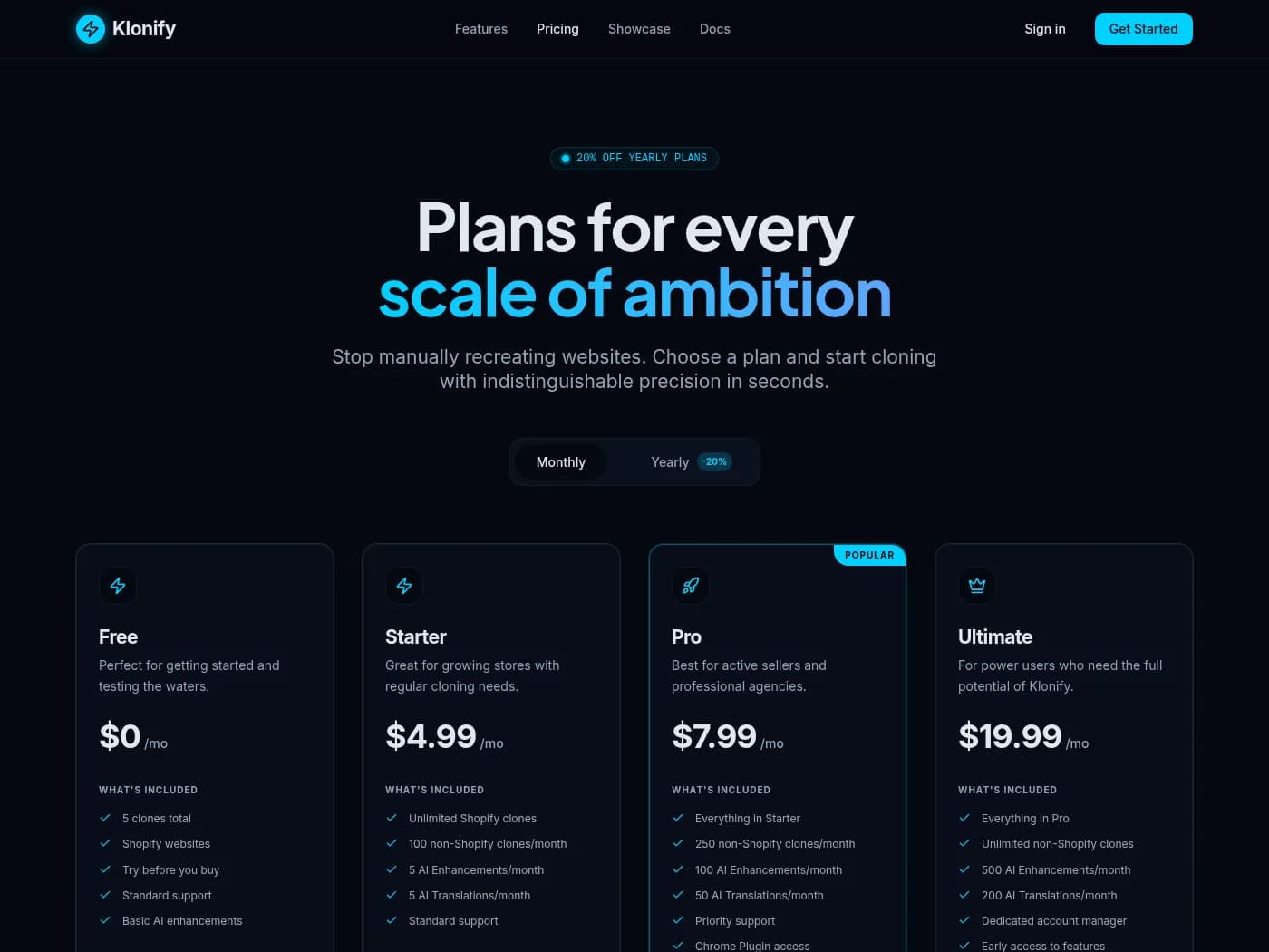 Klonify Plans Webpage