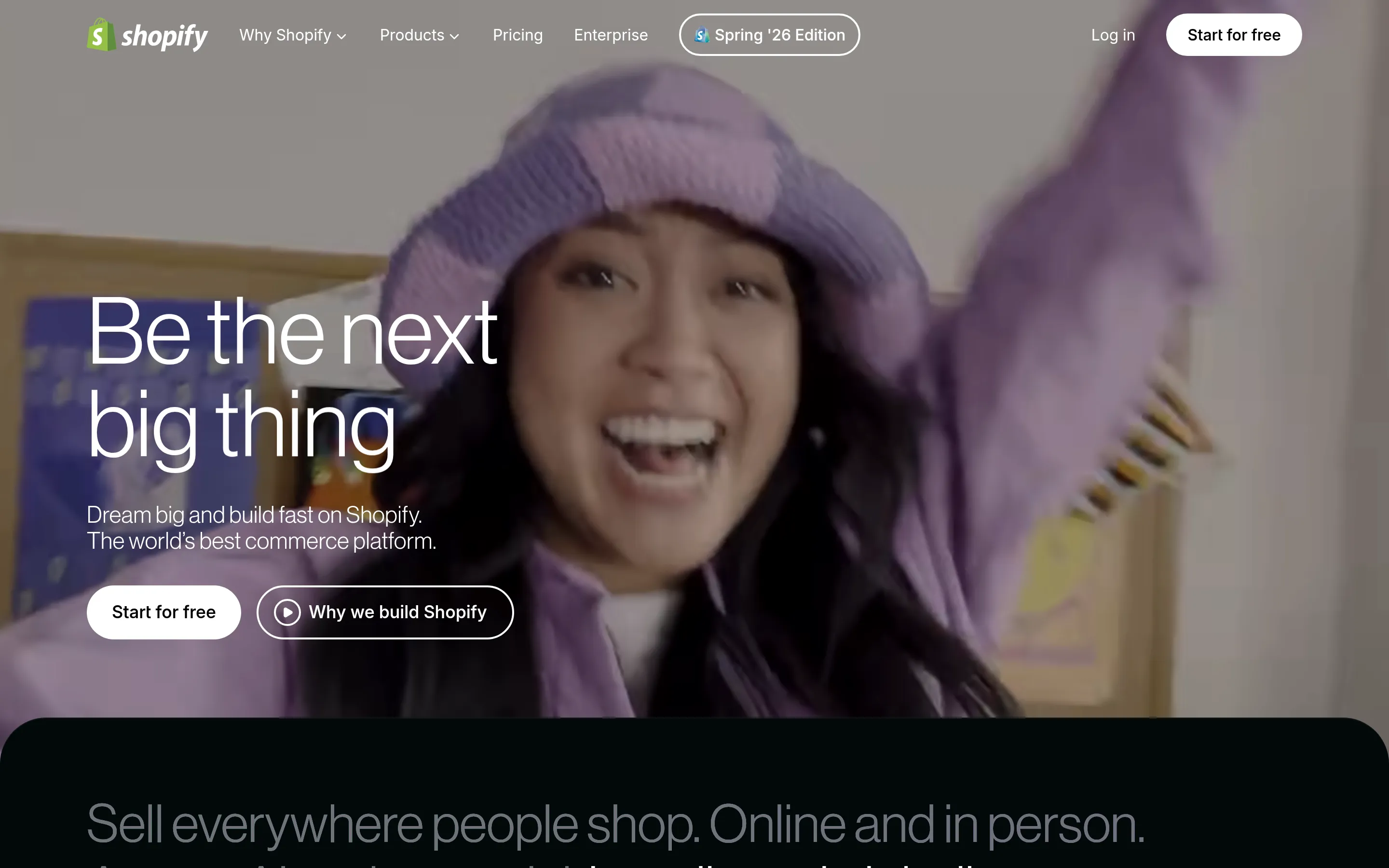 Shopify's homepage, built around commerce infrastructure — checkout, POS and fulfilment rather than general-purpose site design