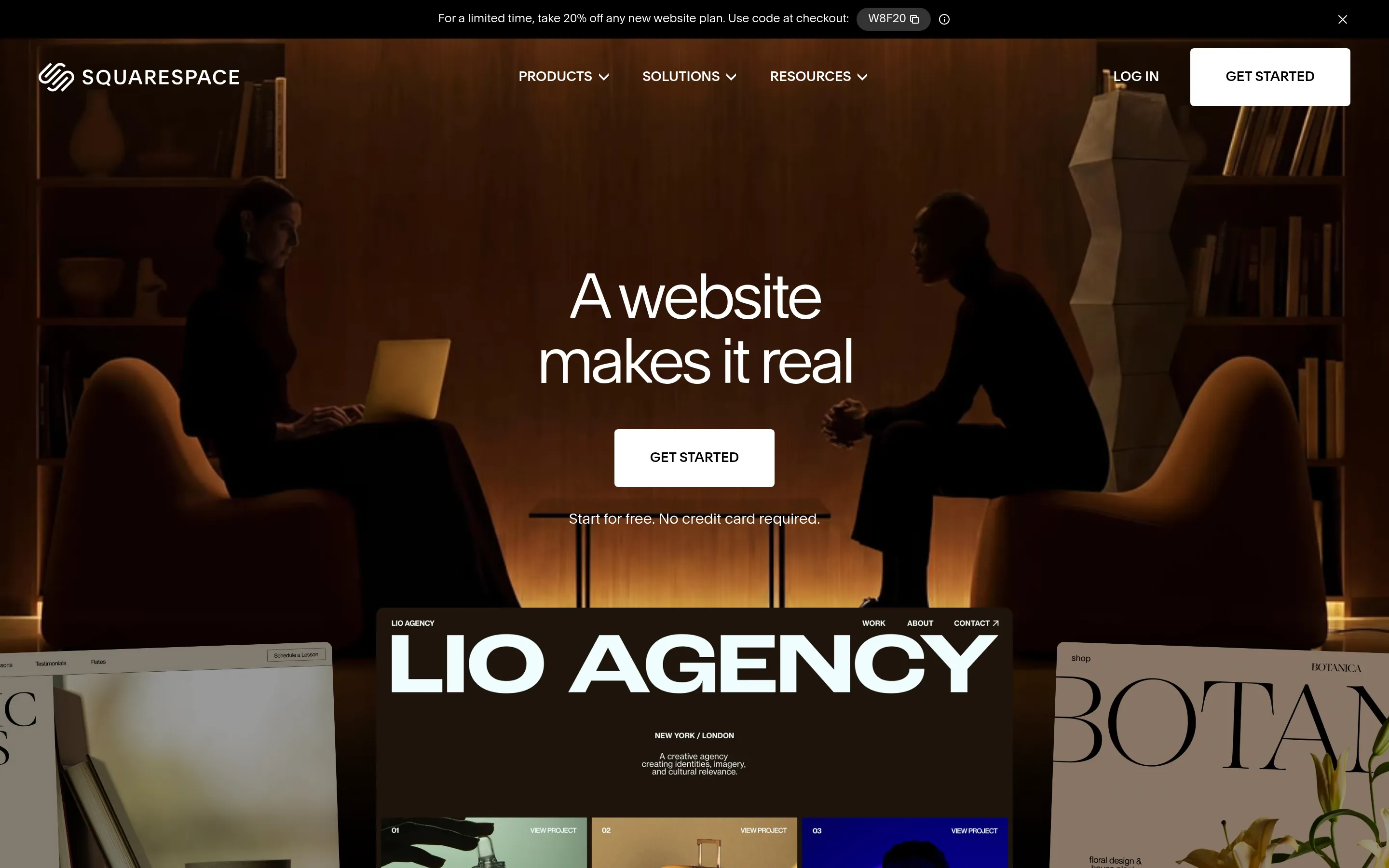 Squarespace's homepage, leading with template-driven design and a 14-day trial — there is no permanent free plan