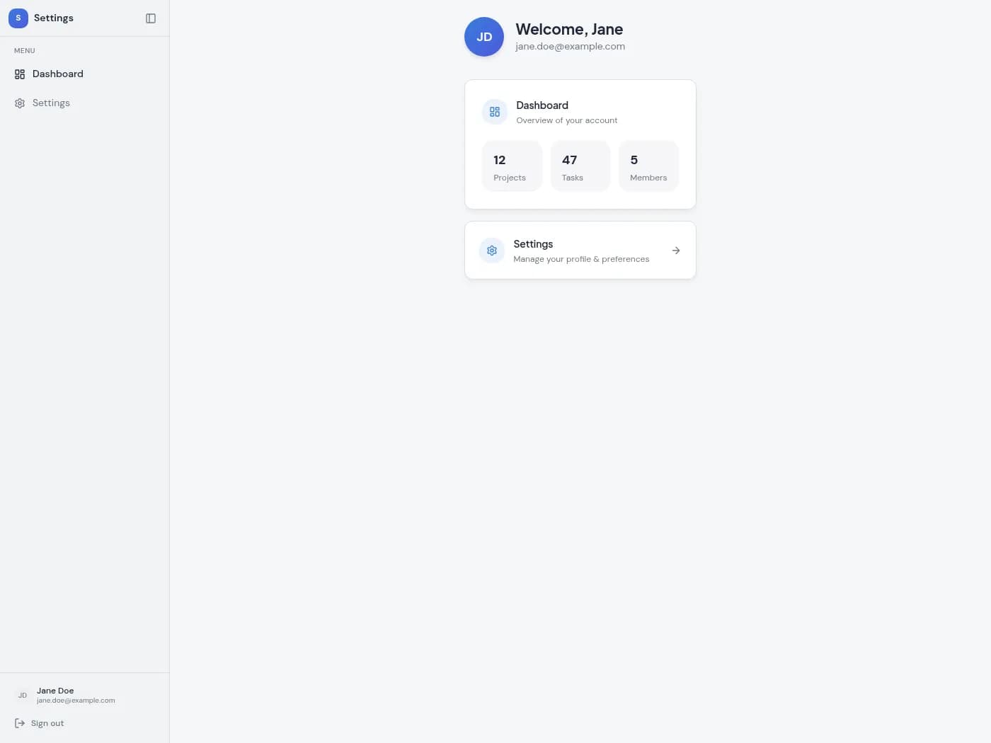 User Settings Dashboard