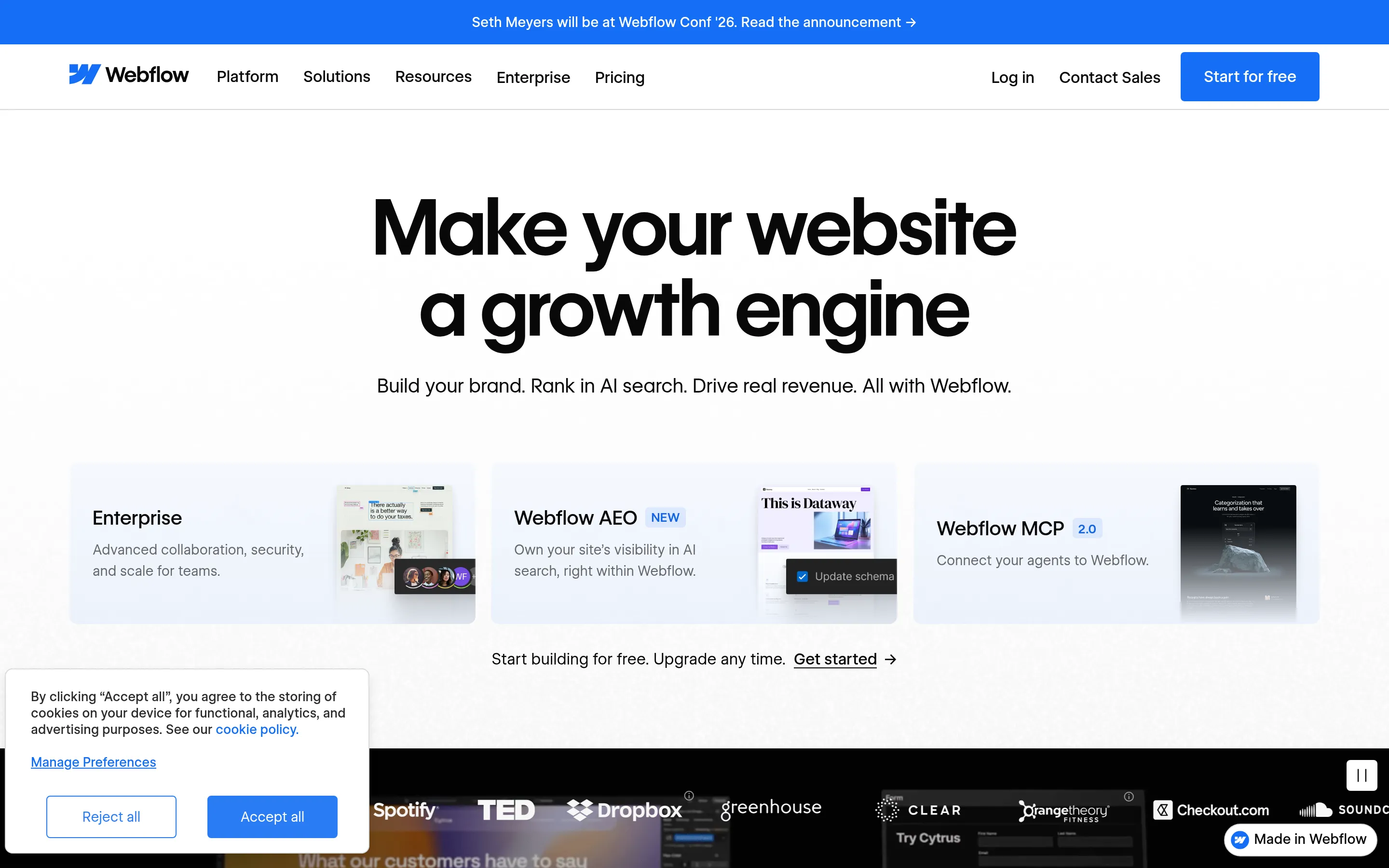 Webflow's homepage, positioning itself as a website experience platform for design and marketing teams rather than solo owners